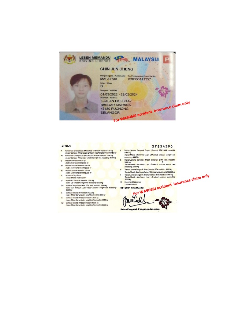 Revised-Driver Driving License-Chin Jun Cheng-IC-Front and Back Page PDF | PDF