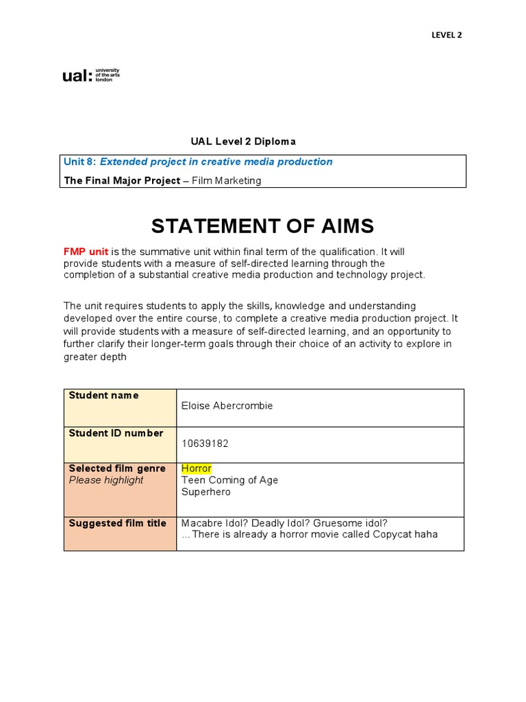 l2 Unit 8 Statement of Aims Draft | Download Free PDF | Animation | Horror Films
