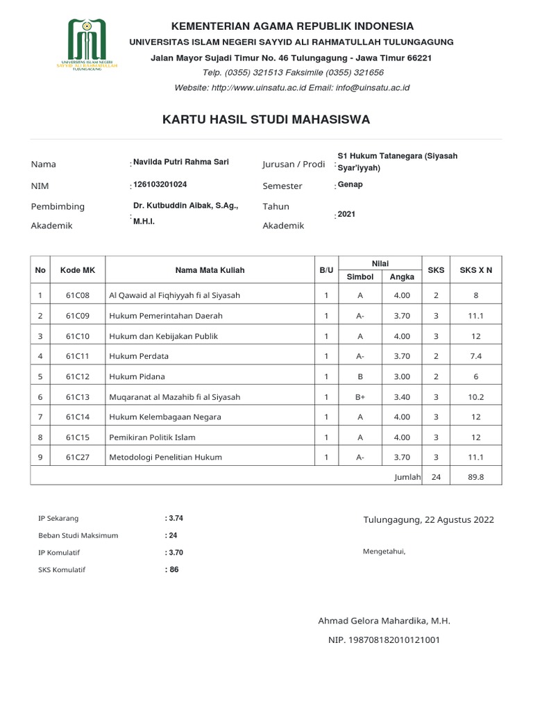 Kartu Hasil Studi Mahasiswa: Kementerian Agama Republik Indonesia | PDF