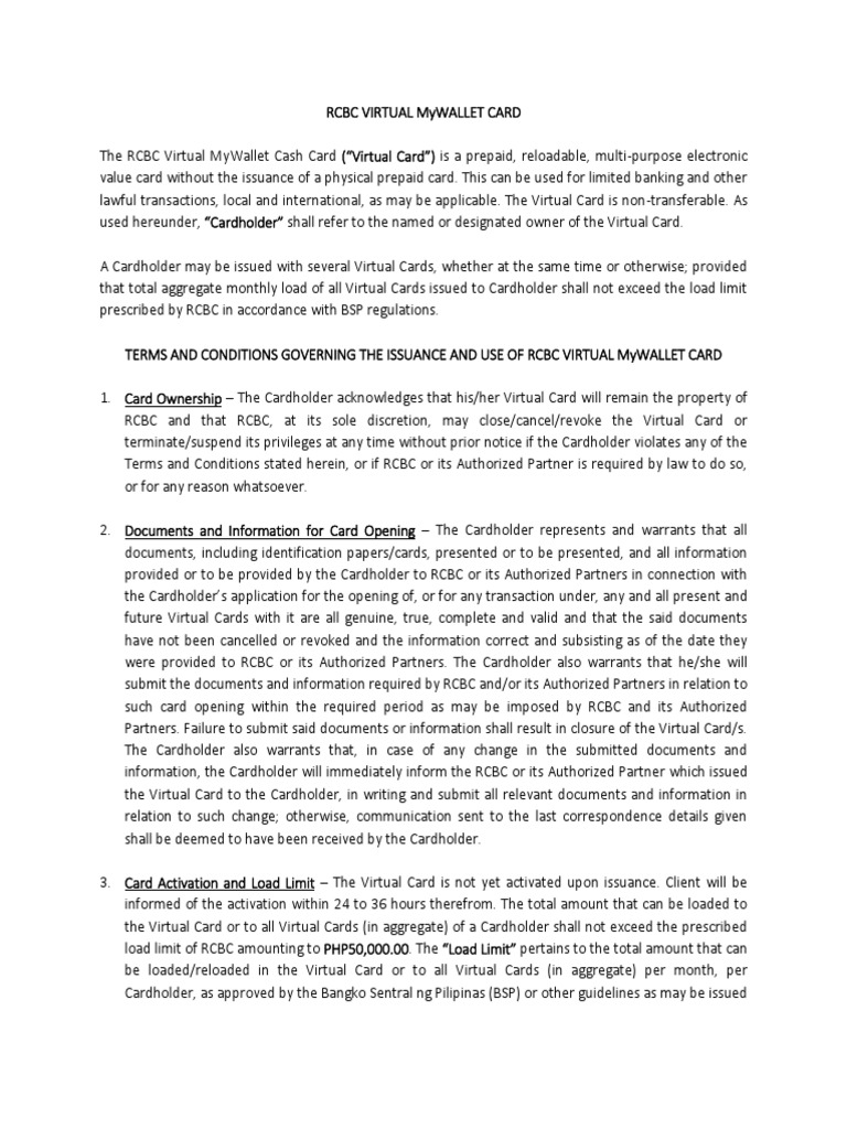 RCBC Virtual MyWallet Card Terms and Conditions | PDF | Online Banking ...