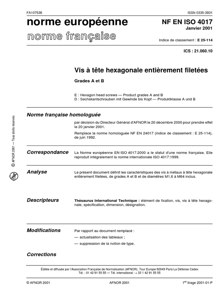 NF en Iso 4017 | PDF | Vis de fixation | Organisation internationale de ...
