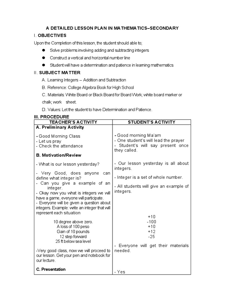 Lesson Plan: Adding & Subtracting Integers | PDF