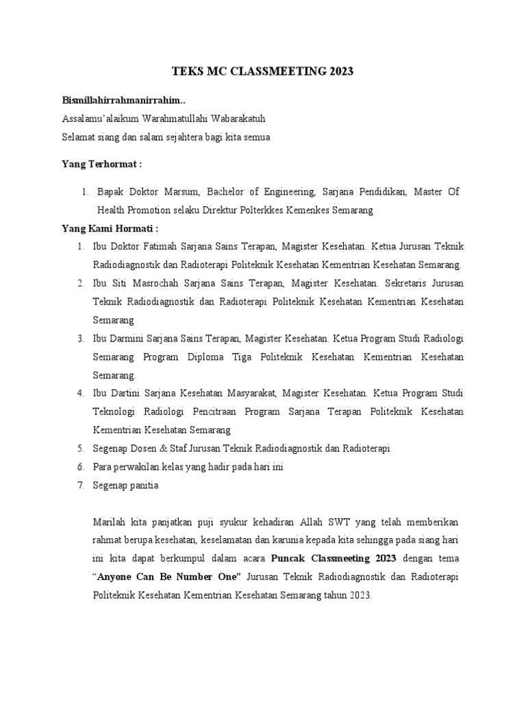 Teks MC Classmeeting 2023 | PDF