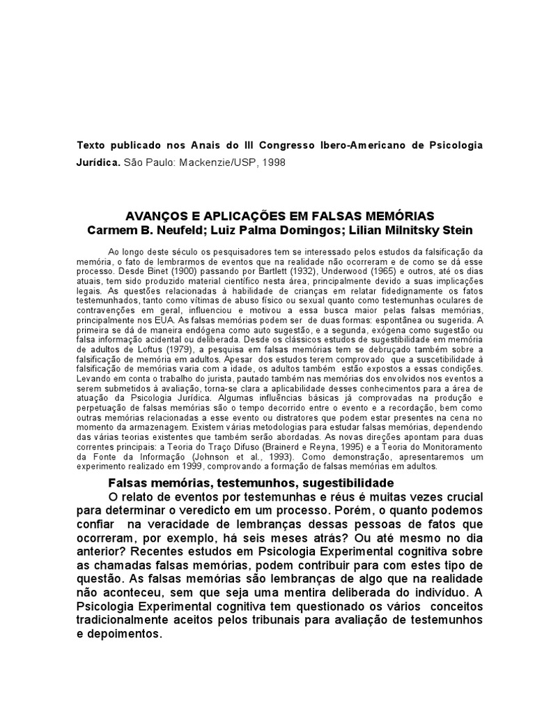 Falsas memórias: avanços, aplicações e explicações teóricas | PDF ...