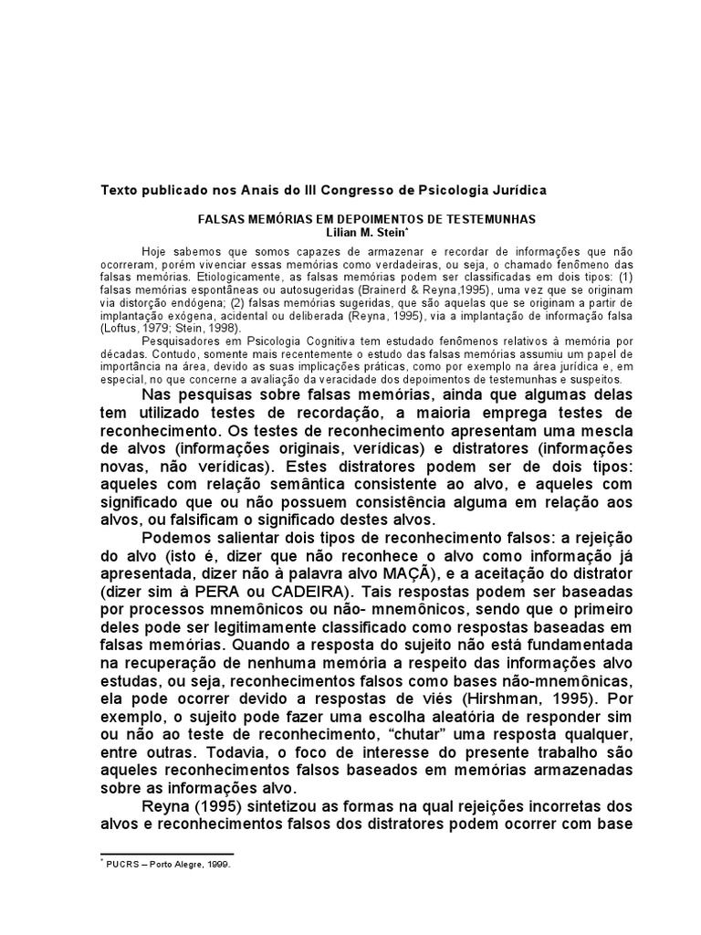 Falsas Memórias | PDF | Memória | Ciência cognitiva