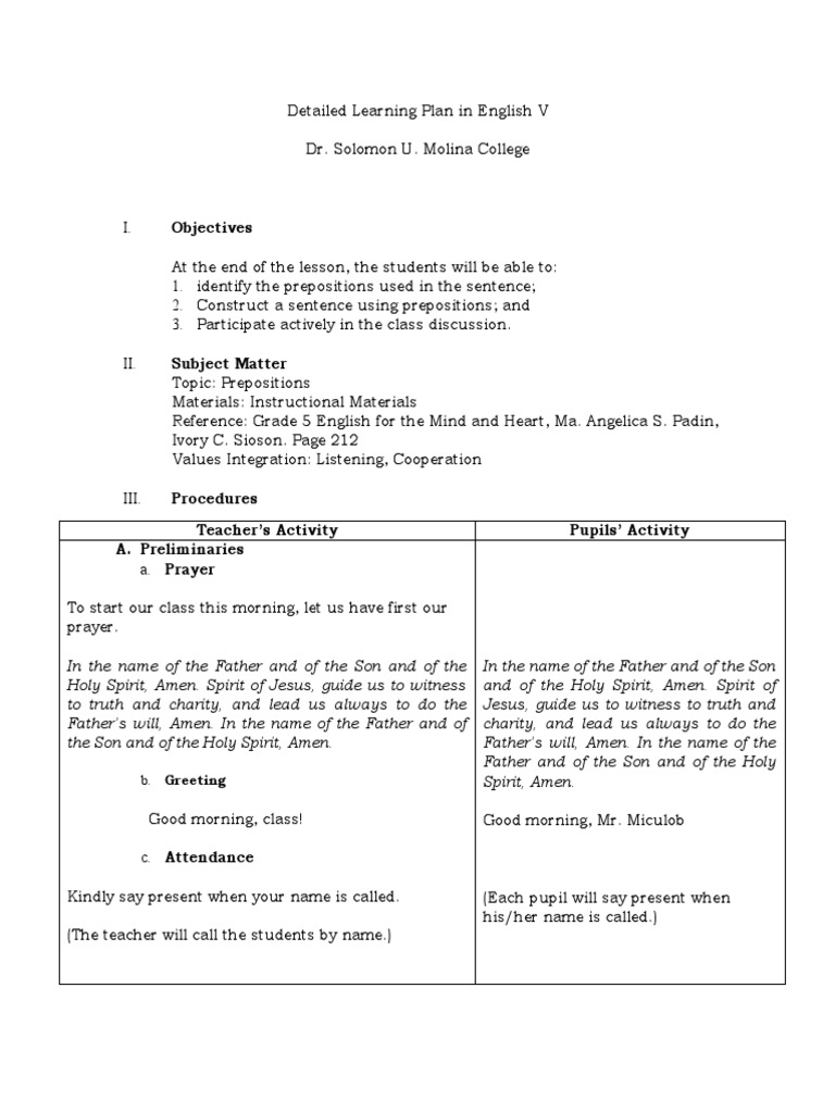 Detailed Lesson Plan in English 5 (Checked) | PDF | Preposition And ...