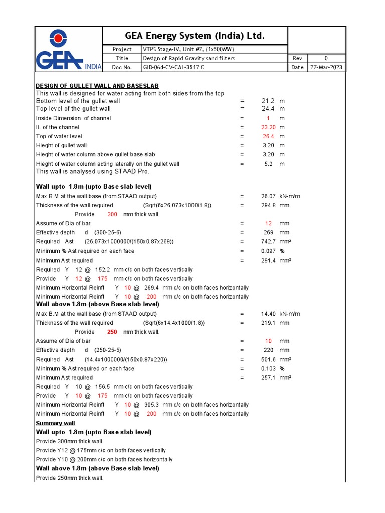 Design of Gullet Wall and Baseslab for Rapid Gravity Sand Filters | PDF ...