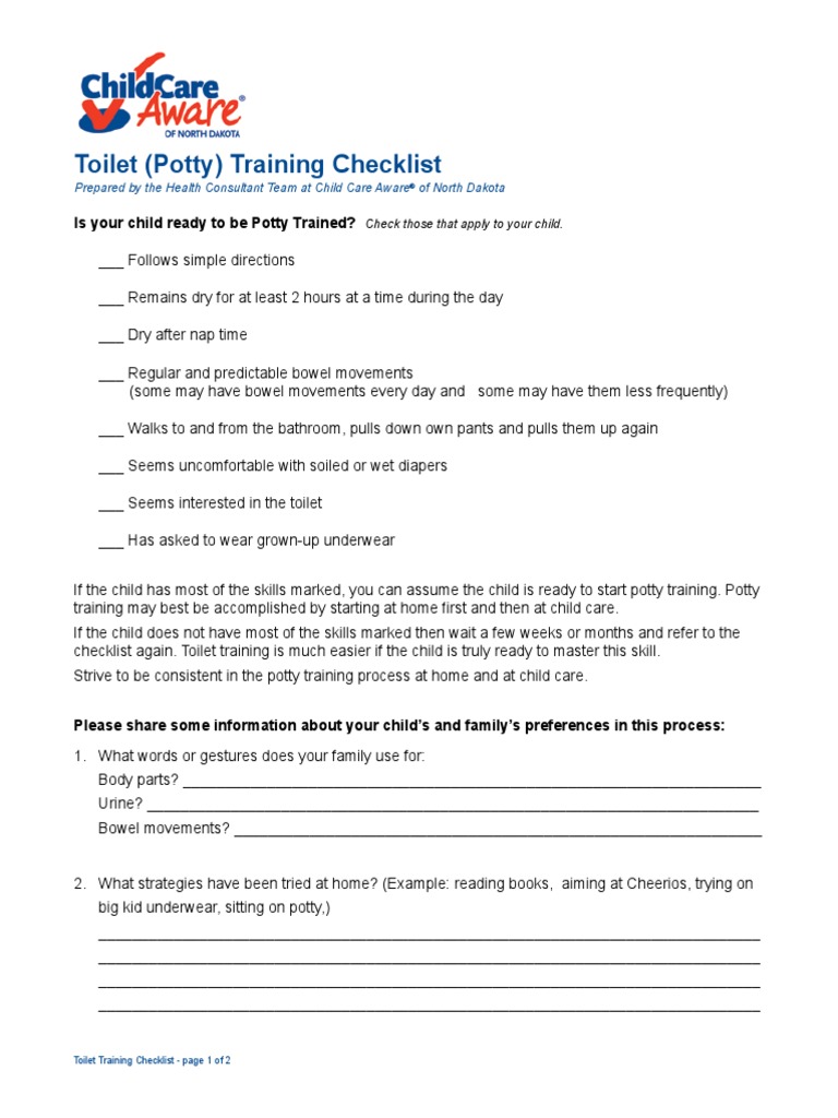 Toilet Training Checklist - CCAND | PDF | Toilet | Psychology