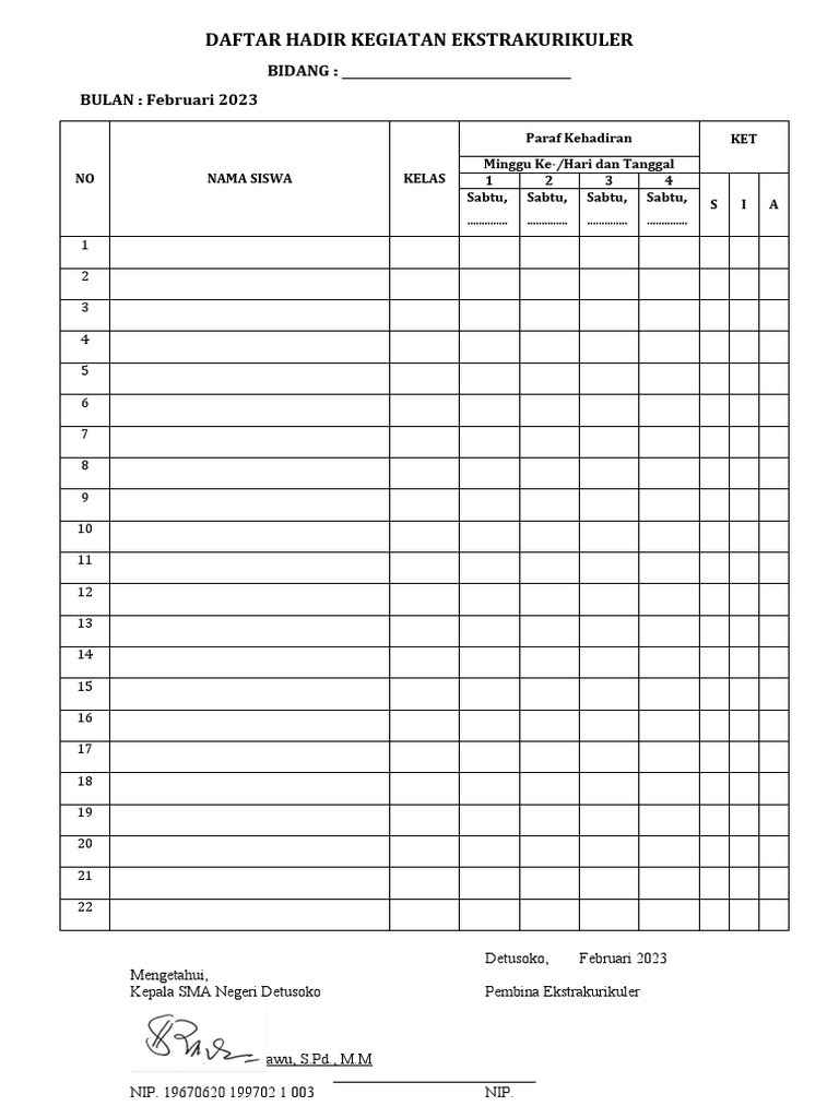 Daftar Hadir Ekstrakurikuler | PDF