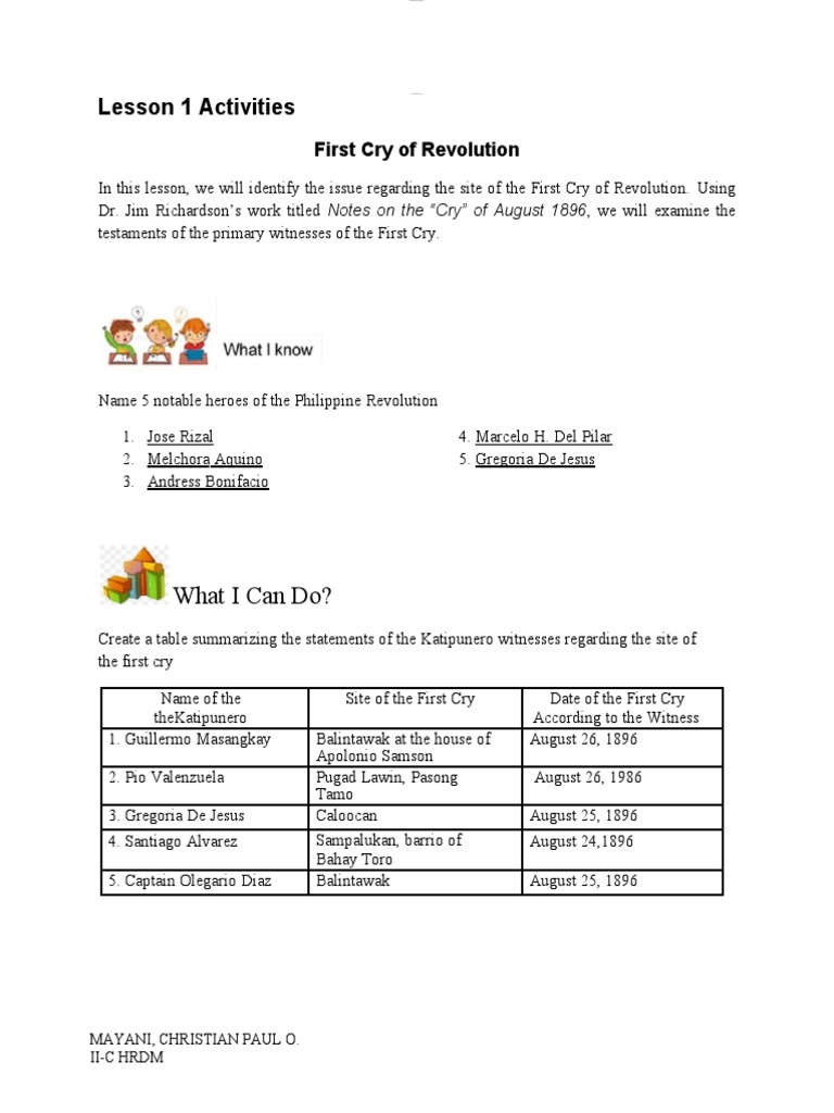 Lesson 1 Activities - Module 3 | PDF | Wars Of Independence | Philippines