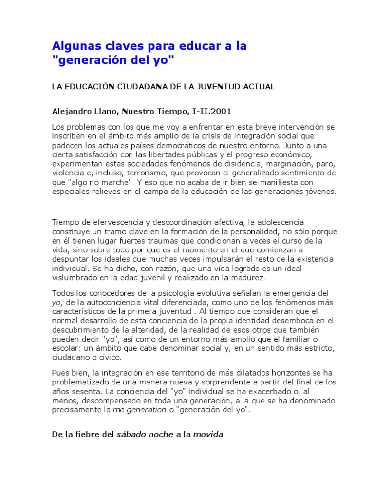 Alejandro Llano - Algunas Claves para Educar A La Generación Del Yo ...