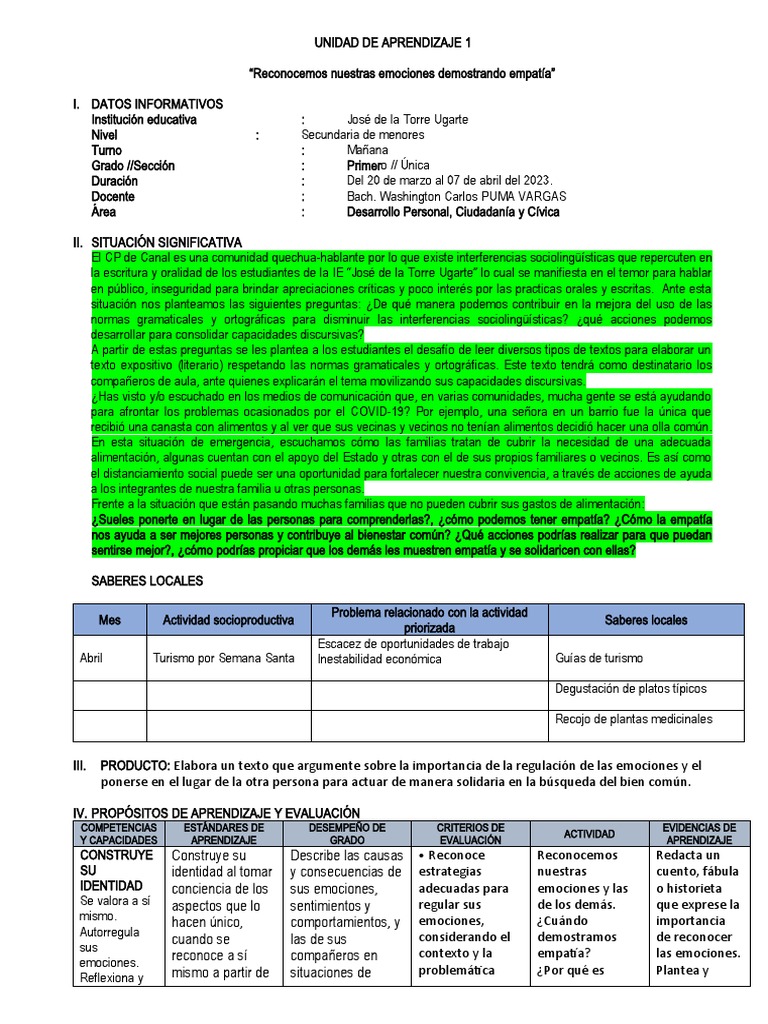 Unidad de Aprendizaje 1 DPCC - 1° 2023 | PDF | Aprendizaje | Empatía