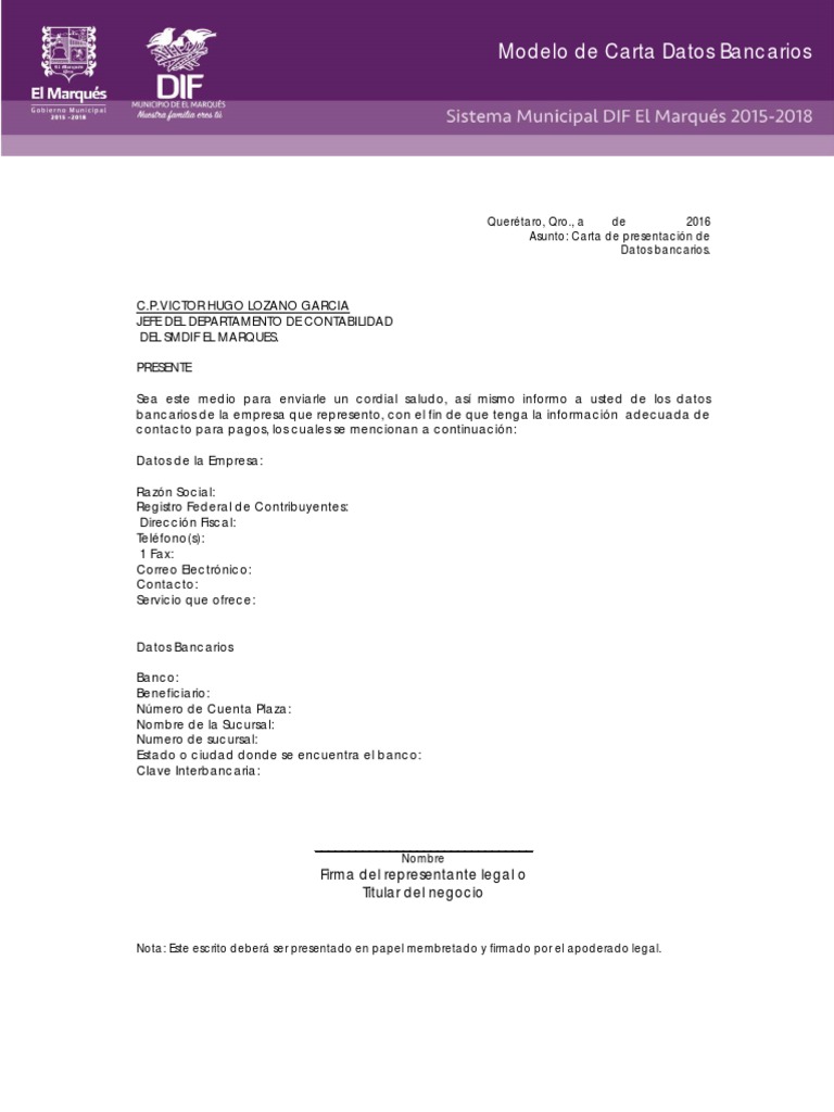 Modelo de Carta Datos Bancarios 2016 PDF | PDF | Finanzas y dinero | Derecho