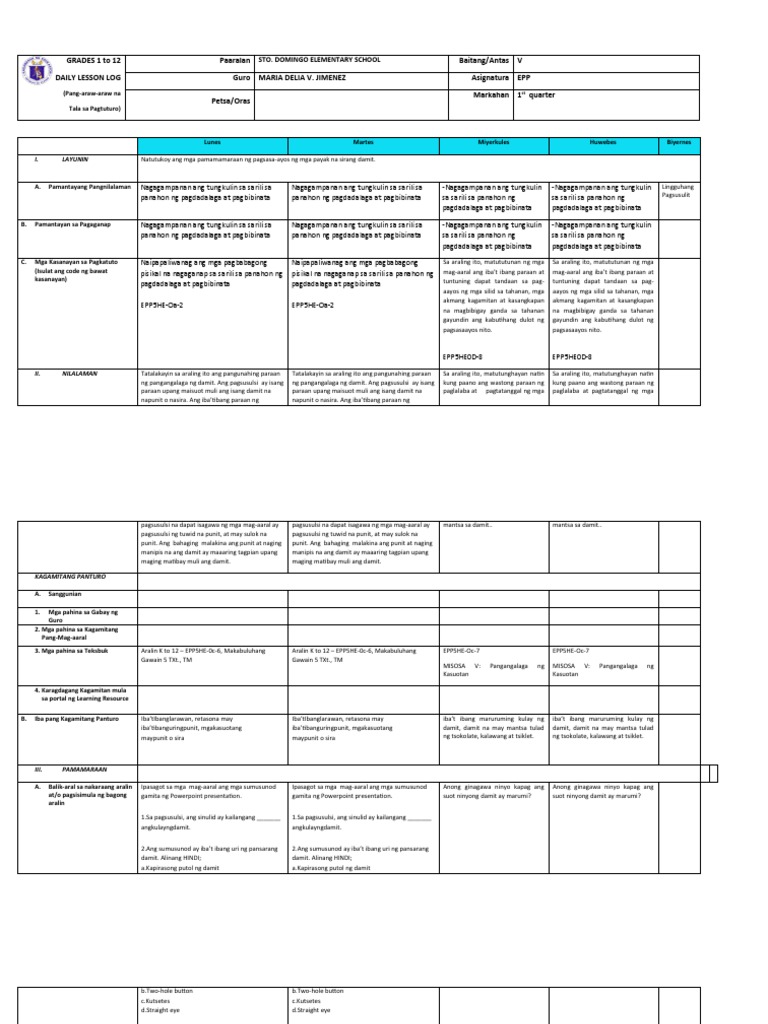 G5 K12 DLL Q1 Week 3 Epp He | PDF