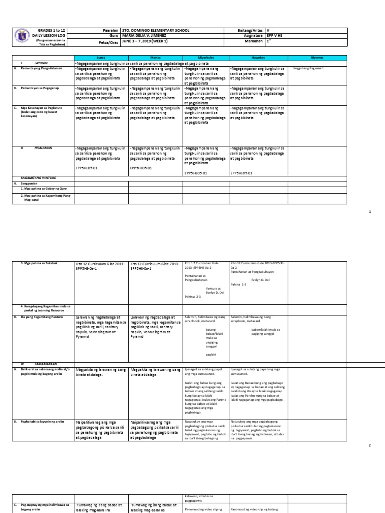 GRADE 5 EPP-Health-Education DLL Whole Year Grad 5 | PDF