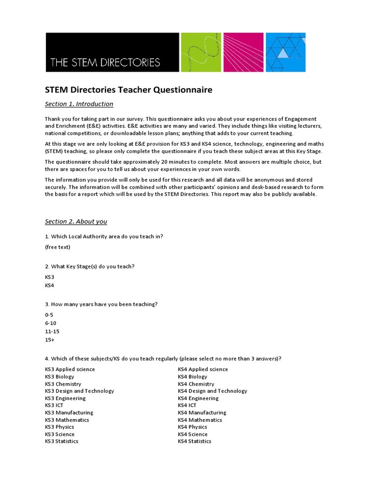 SCU STEM Directories Teacher Questionnaire | PDF | Science, Technology ...
