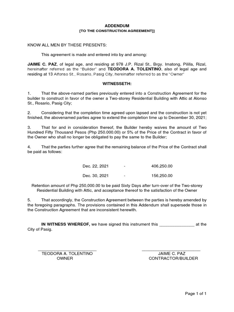 Addendum To The Construction Agreement | PDF