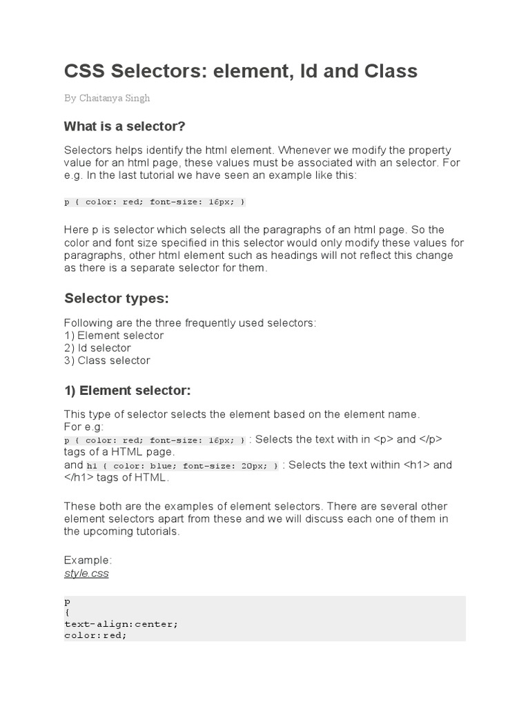1css Selectors Id Class Pdf Html Element Html 4391