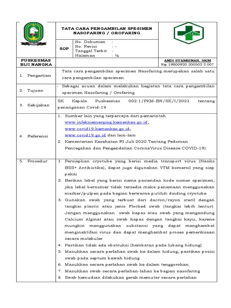 SOP Tata Cara Pengambilan Spesimen Nasofaring Orofaring | PDF