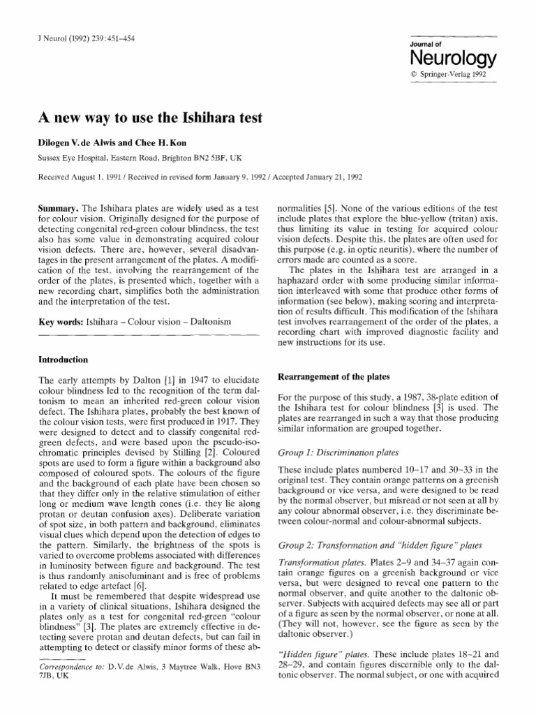 Neurology: A New Way To Use The Ishihara Test | PDF | Color | Vision