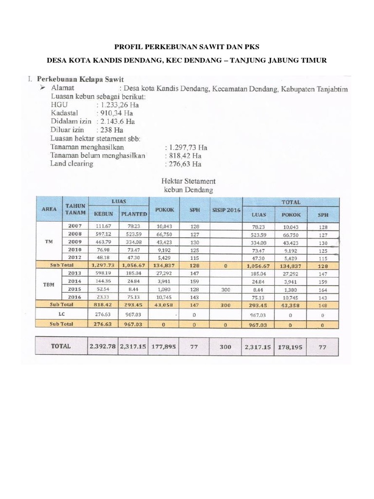 Profil Perkebunan Sawit Dan PKS - Dendang Tanjabtim | PDF
