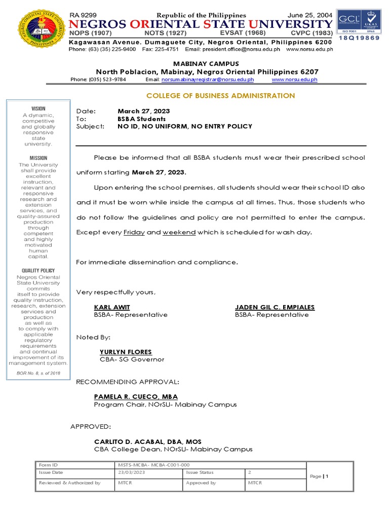 BSBA Uniform Policy for Mabinay Campus | PDF | Shoe | Uniforms