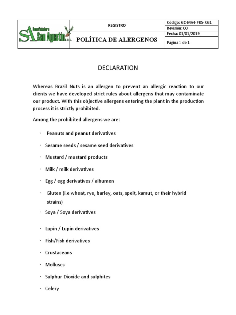 Política De Control De Alérgenos Para Prevenir Reacciones Alérgicas En