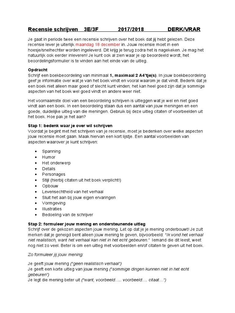Recensie Schrijven 3E/3F 2017/2018 Derk/Vrar: Opdracht | PDF