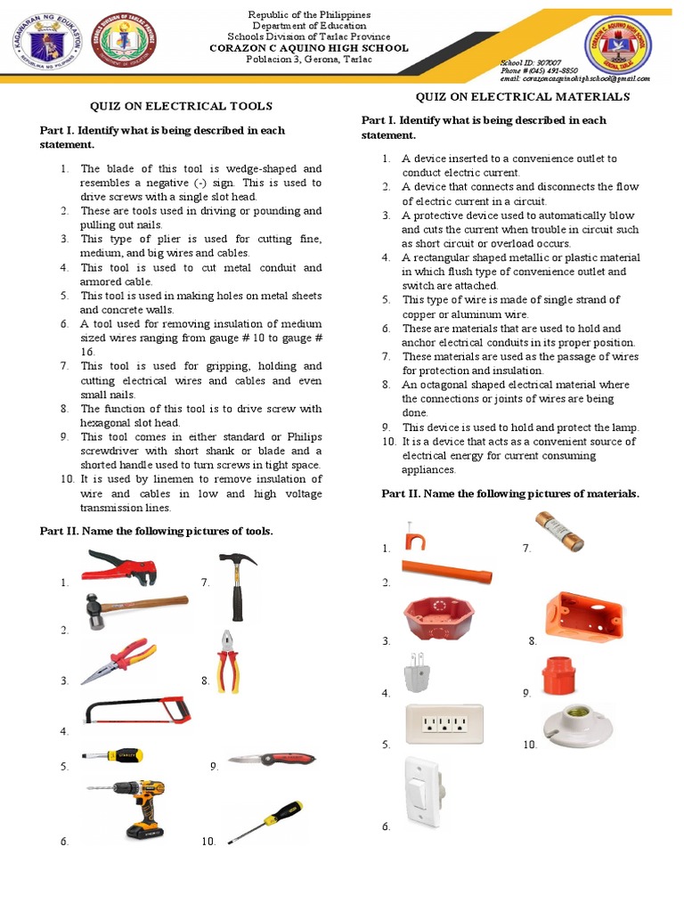 Long Quiz 1 Eim Tools, Materials | PDF | Wire | Insulator (Electricity)