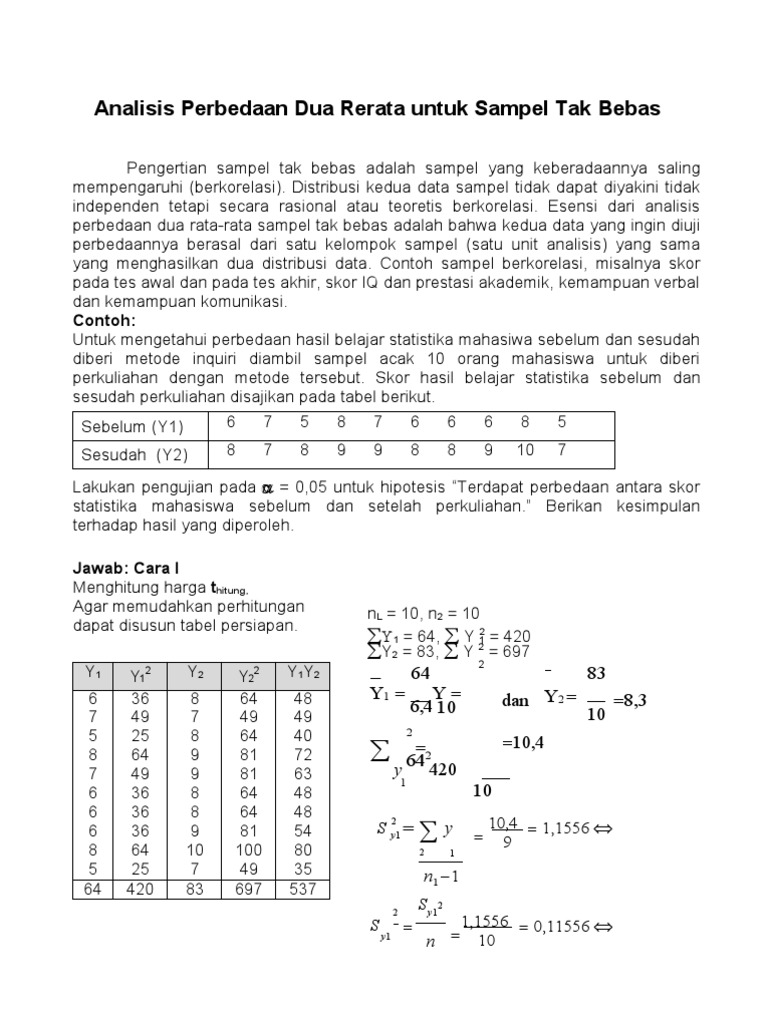 Analisis Perbedaan Dua Rerata Untuk Sampel Tak Bebas | PDF