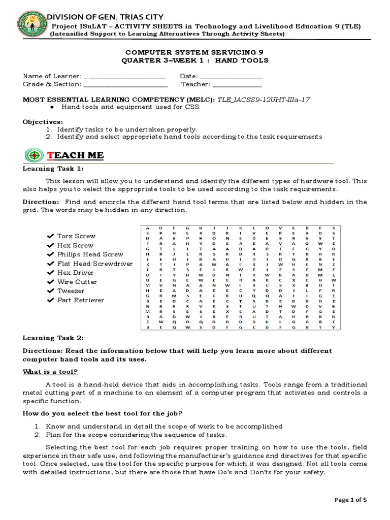 CSS9 - Q3 - AS - WEEK - 1 Hand Tools | PDF | Physical Sciences | Electricity