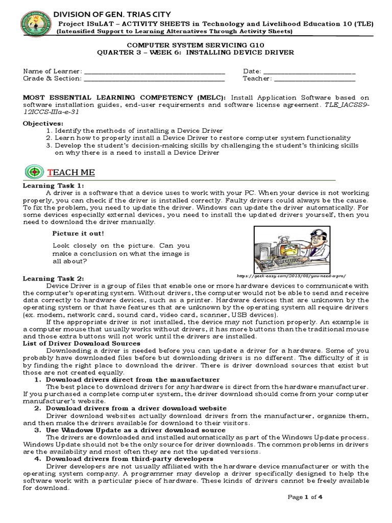 6 Revised Tle As Css 10 Q3 Installing Device Driver Pdf Device Driver Computer Hardware 1959