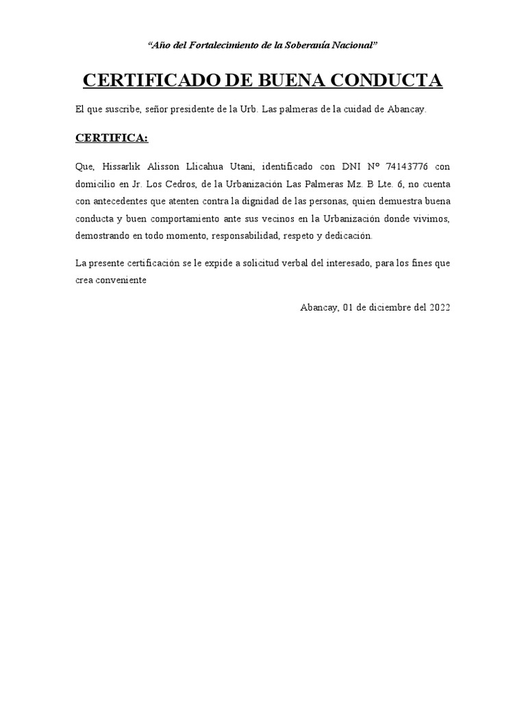 Certificado de Buena Conducta: Certifica | PDF