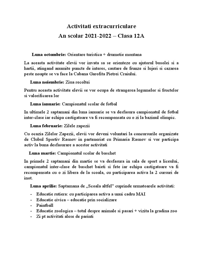 Activitati Extrascolare | PDF