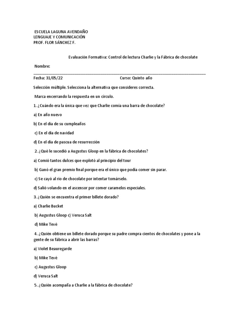 Control de Lectura: Charlie y la Fábrica | PDF