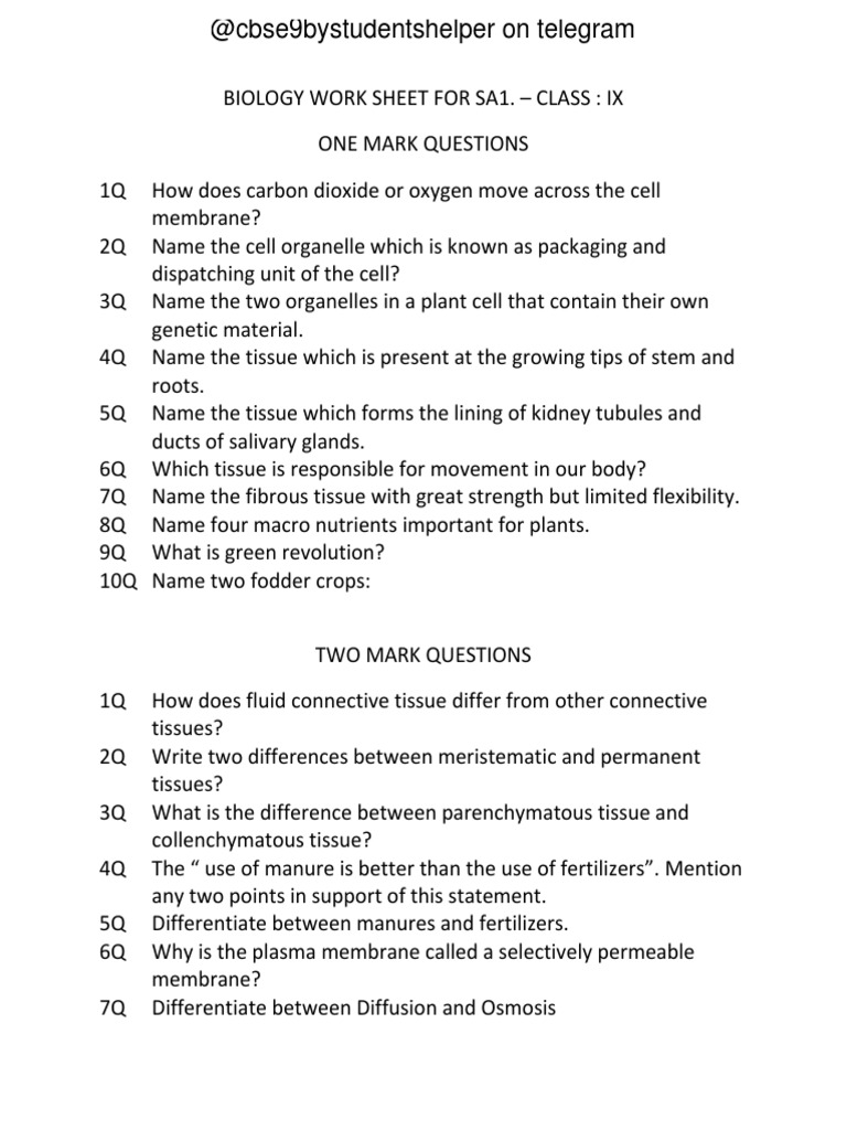 CBSE Class 9 Biology Worksheet - Revision | PDF | Tissue (Biology ...