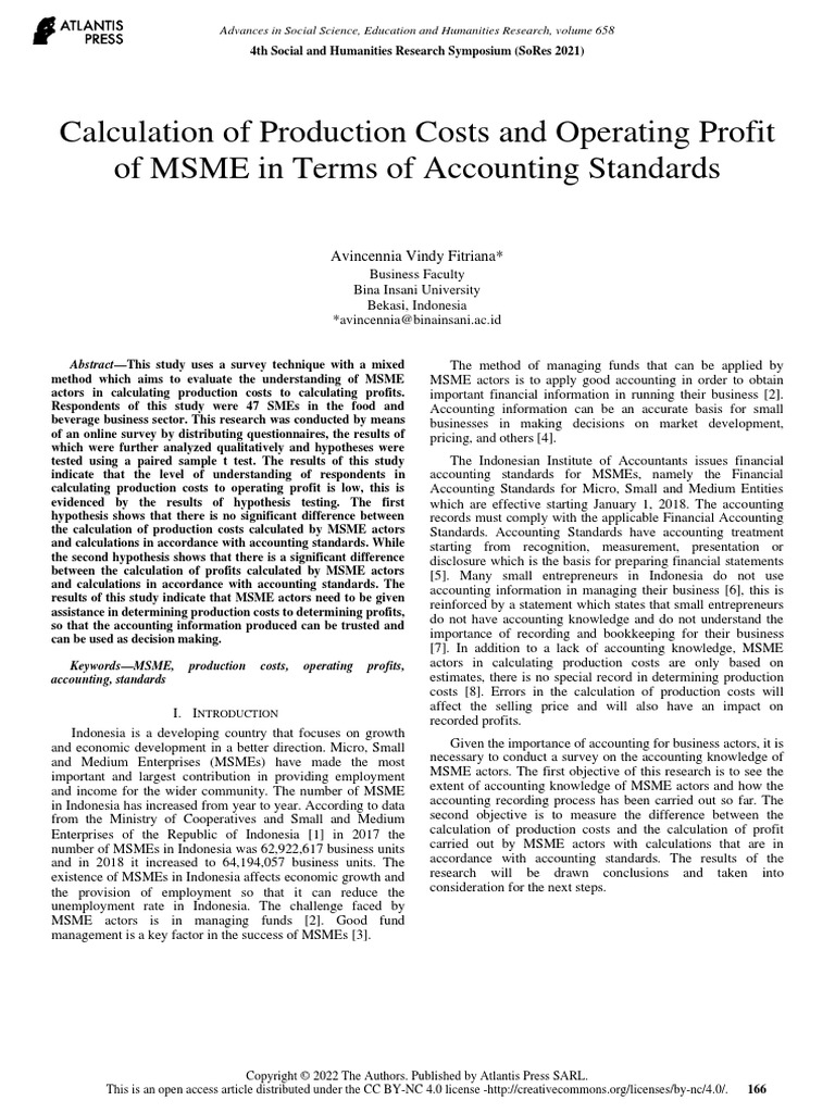Calculation of Production Costs and Operating Profit of MSME in Terms ...