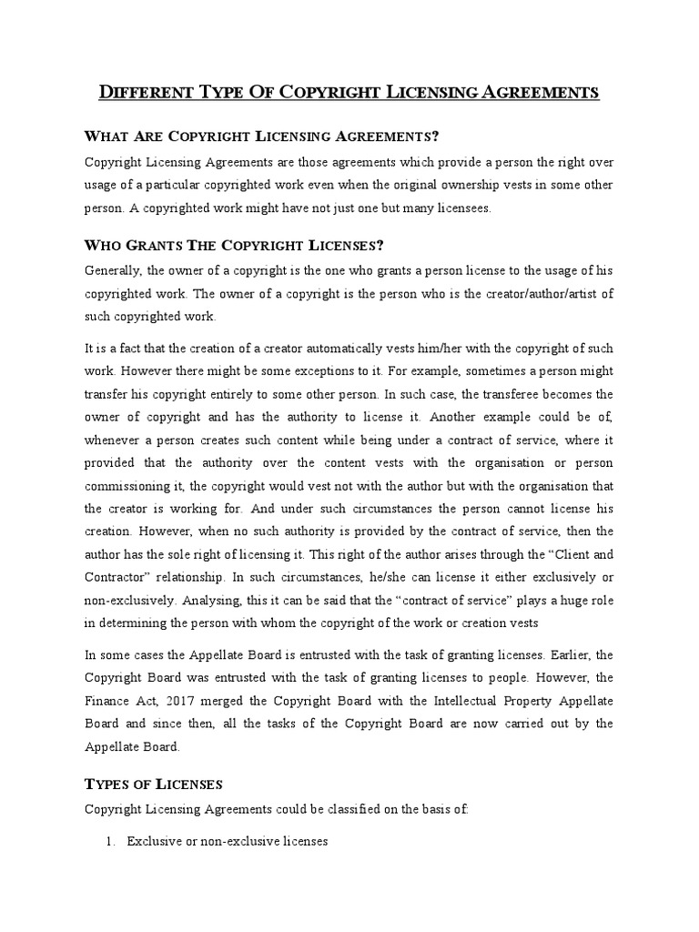 Different Type of Copyright Licensing Agreements | PDF | License ...