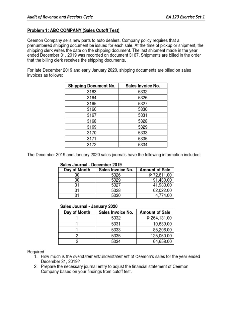 Audit of Revenue and Receipts Cycle BA 123 Exercise Set 1: Problem 1 ...