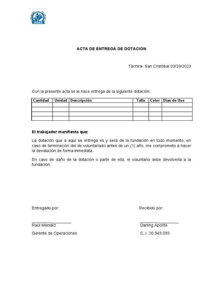 Acta De Entrega Dotacion Uniformes Pdf Finanzas Y Dinero