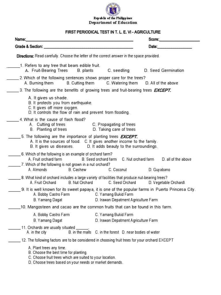 Quarter Test EPP 6 - AGRICULTURE | PDF | Grafting | Trees