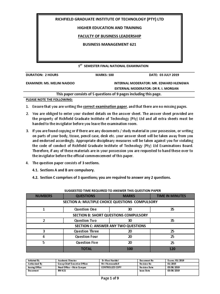 BM 621 Exam Instructions and Format | PDF | Paper | Employment