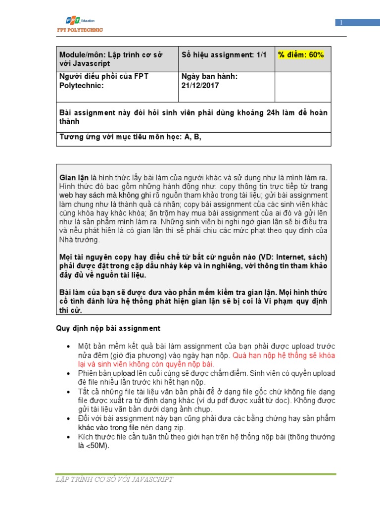 WEB1043 - Lap Trinh Co So Voi Javascript - Assignment | PDF