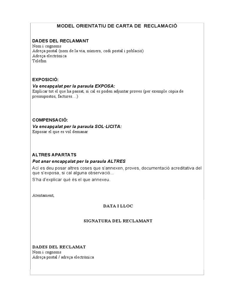 Model Orientatiu Reclamació | PDF