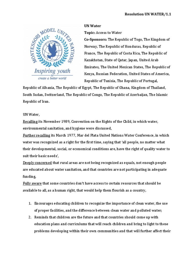 Resolution UN WATER/1.1 UN Water Topic: Access To Water Co-Sponsors ...