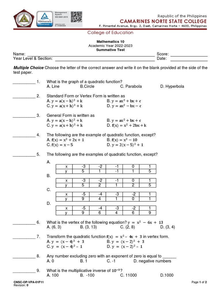 Grade 9 Summative Test PDF | Download Free PDF | Numbers | Abstract Algebra