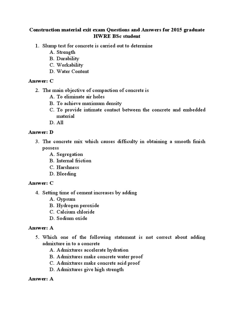 Construction Material Exit Exam | PDF | Concrete | Cement