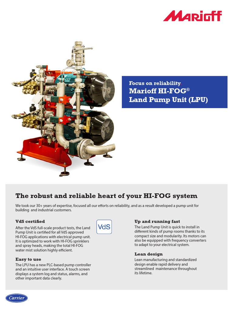 Marioff 1206B EN Land Pump Unit LPU Leaflet - tcm987 148327 | PDF | Pump | Reliability Engineering