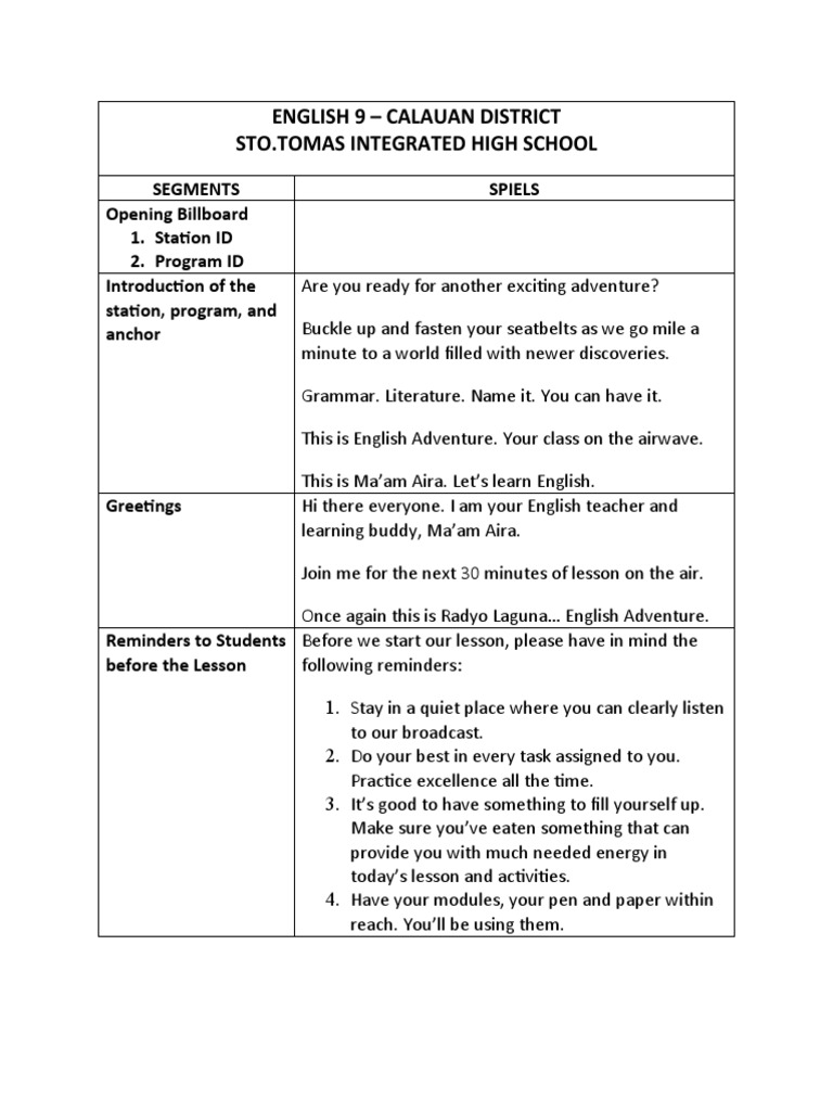 Cluster 6 - ENGLISH 9 WEEK 1 RBI SCRIPT - CALAUAN DISTRICT - STIHS ...