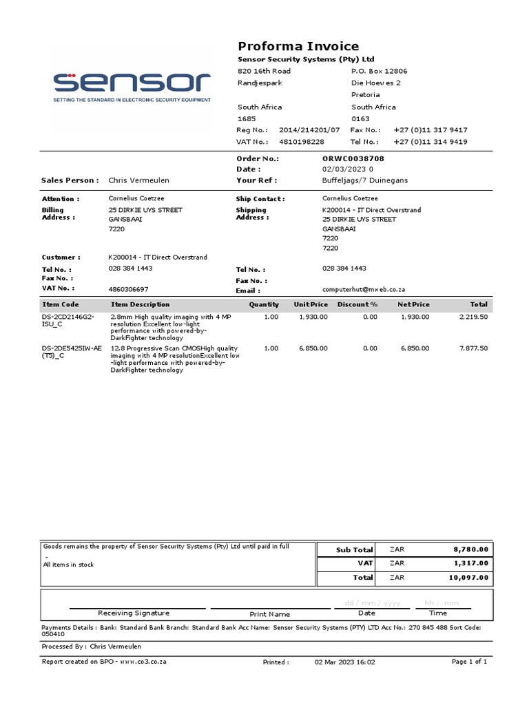Sensor ORWC0038708 Pro Forma | PDF